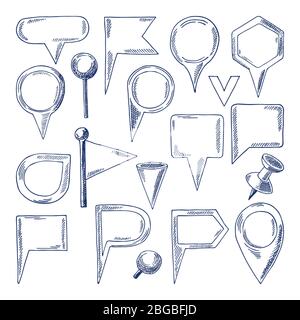 Map pointers hand drawn sketch set, navigation pins doodle vector illstration isolated on white ...