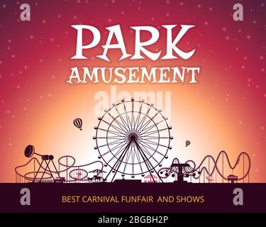 Amusement park round design with text in white circle and entertainment ...