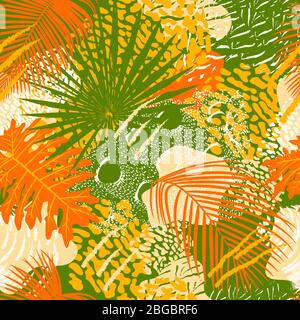Seamless pattern with green tropical leaves on white background Stock ...