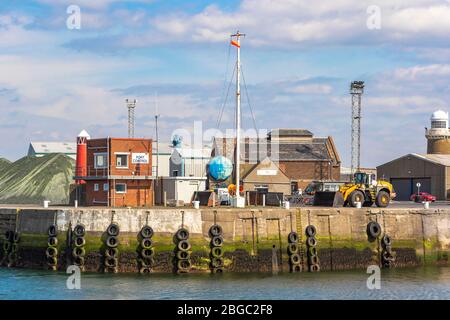 Port of Ayr Harbour, Ayrshire, Scotland, UK . Ship being loaded with ...