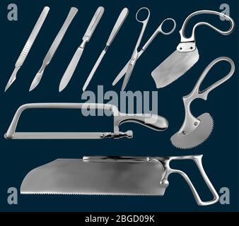A set of surgical cutting tools. Reusable all-metal scalpel, delicate ...