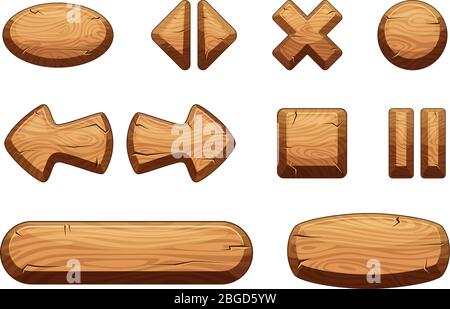 Cartoon game ui. Wooden buttons, sliders and icons. Interface for 2d ...