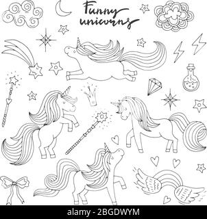 Magic unicorn pony with a star. Linear black and white drawing. Vector ...
