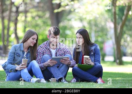 Happy students sitting in park Stock Photo - Alamy