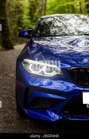 Blue sedan driving in the romantic forest under green trees, back red ...
