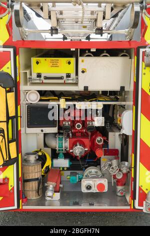 Fire and Rescue Service fire engine compartments with equipments for ...