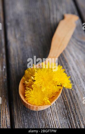 Dandelions in wooden spoon on table close-up Stock Photo - Alamy