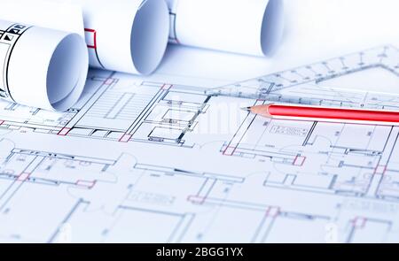 Carpenter drafting plans with pencil and ruler Stock Photo - Alamy