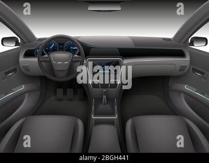 Realistic car interior with rudder, dashboard front panel and auto ...