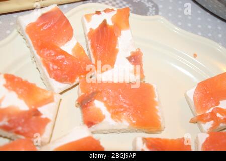 Norwegian Smoked Salmon Canapes with Cream Cheese Stock Photo - Alamy