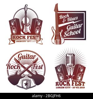 Vintage hard rock music labels set with letterings musical equipment ...