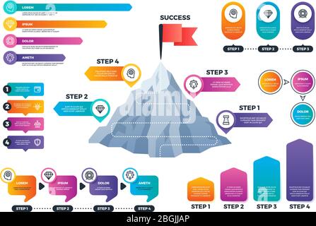 Steps to success infographics. Mountain graph with levels, achievement ...