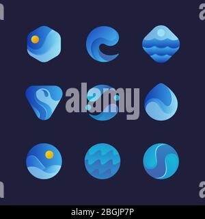 Sea surface, ocean waves logos and water labels. Swimming pool badges ...
