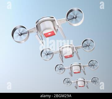 Electric VTOL cargo delivery aircraft , van and forklift on gray ...