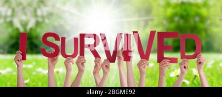 People Hands Holding Word I Survived Coronaviru, Ocean Background Stock ...