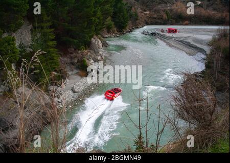 Shotover Jet aerial on the Shotover River, Queenstown, New Zealand ...
