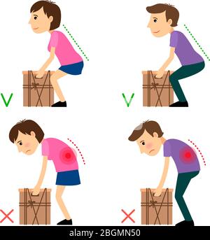 Woman lifting box. Correct and incorrect handling heavy objects ...