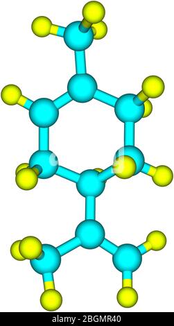 Limonene (D-limonene) citrus scent molecule. 3D rendering. Atoms are ...