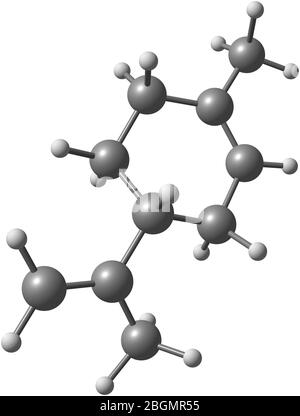 Limonene (D-limonene) citrus scent molecule. 3D rendering. Atoms are ...