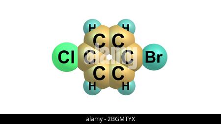 1-Bromo-4-chlorobenzene molecule, halogen atoms and benzene. 3d ...