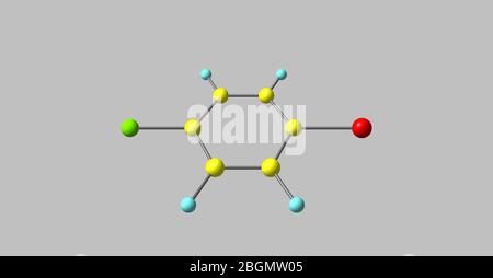 1-Bromo-4-chlorobenzene molecule, halogen atoms and benzene. 3d ...