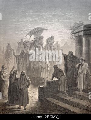 Isaac meets Rebekah, woodcut by Gustave Doré Stock Photo - Alamy