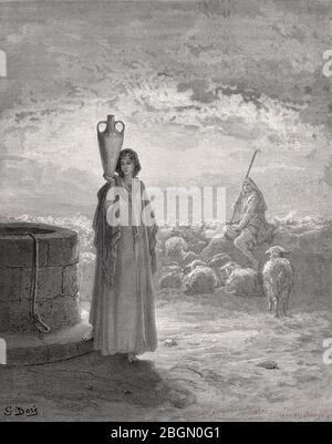Jacob keeping Laban's flock and meets Rachel, woodcut by Gustave Doré ...
