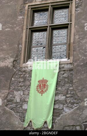 Windows towards the courtyard of the medieval Corvin Castle in ...