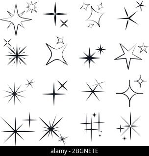 Black line and silhouette symbols sparkles icon set. Outline decorative twinkle sparkle lights ...