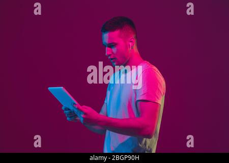 Selfie, vlog, shopping, betting. Caucasian man's portrait isolated on ...