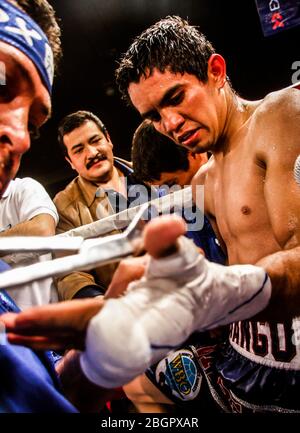 El mexicano Manuel ¨Chango Vargas (short azul) retuvo su titulo de ...