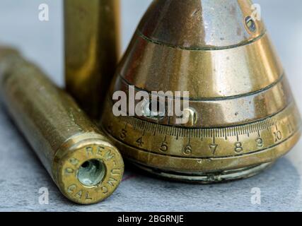 Very rare WW1 shell timer with 50 mm shell cases shot close up on a ...