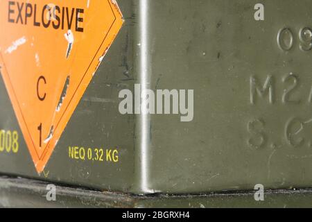 Ammunition metal box with explosives sticker Stock Photo - Alamy