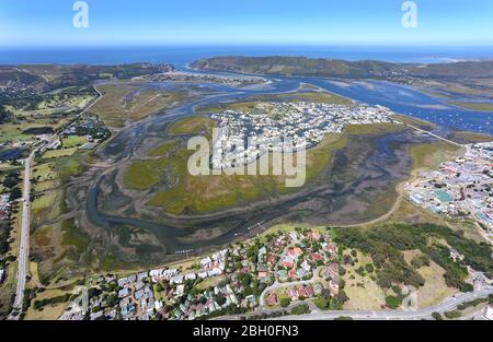 Aerial view of Knysna and Thesen Island, with The Heads in the ...