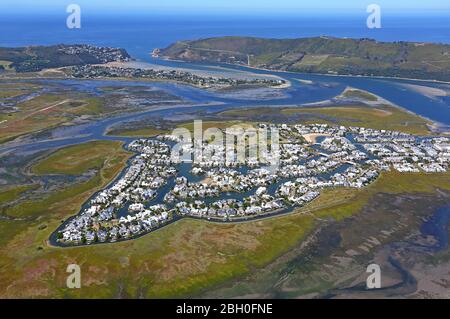 Aerial view of Knysna and Thesen Island, with The Heads in the ...