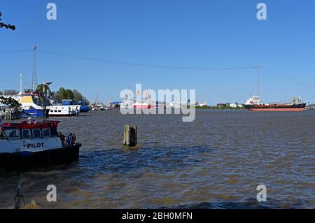 emden, germany - 2020.04.19: panoramic view onto the inner harbor of ...