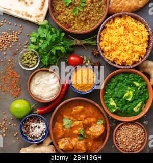 Food traditional Indian cuisine. Dal, palak paneer, cheese balls, curry ...