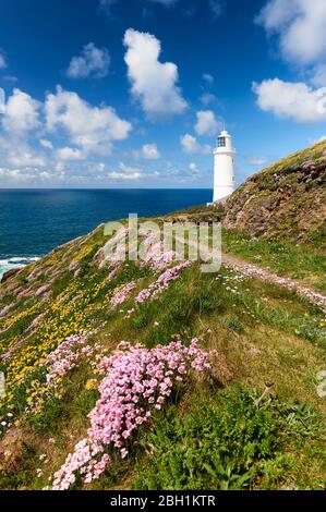 Trevose Head lighthouse with Atlantic Ocean background on a sunny ...