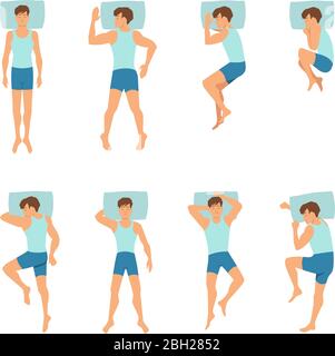Man sleeping. Sleep positions, male lying on bed with pillow. Night ...