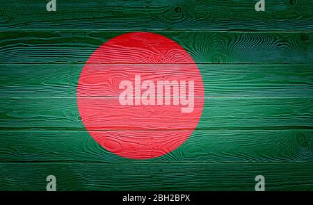 Bangladesh flag painted on old wood plank background. Brushed natural ...