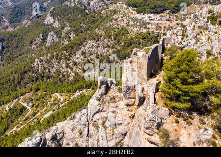 Spain, Balearic Islands, Alaro, Aerial view of ruin of Castell dAlaro ...