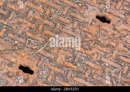 Detail of a rusting anti-slip surface of a manhole cover / inspection ...