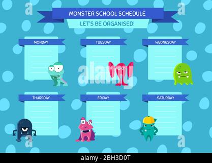 Vector school schedule with ribbons, cartoon monsters on circles ...