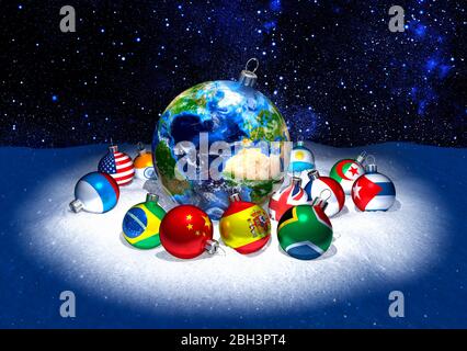 Christmas baubles. Planet earth surrounded by smaller decorations ...