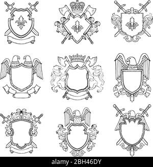 Heraldic animal set linear style. Panther, camel. Goat, Hydra and ...