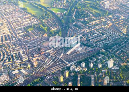 An aerial view of Clapham Junction railway station in London. One of ...