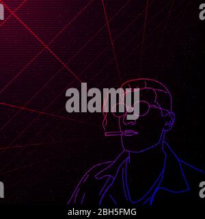 Synthwave Vaporwave Retrowave contour portrait of man. Vector side view ...