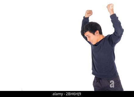 The photo of An Asian man is smashing thing with one hand on white ...