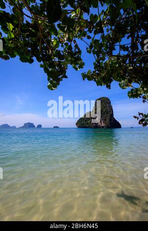 Riley beach with golden sand, karst rocks and turquoise sea on a sunny ...