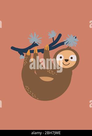 Cute Sloth hanging on a tree cartoon illustration Stock Vector Image ...